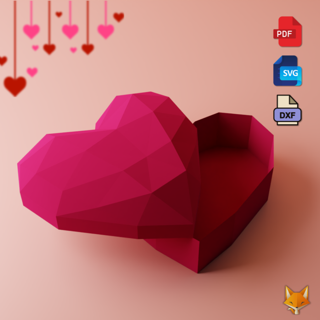 3D Heart Lowpoly papercraft Gift Box pdf, svg & dxf Digital Template ...