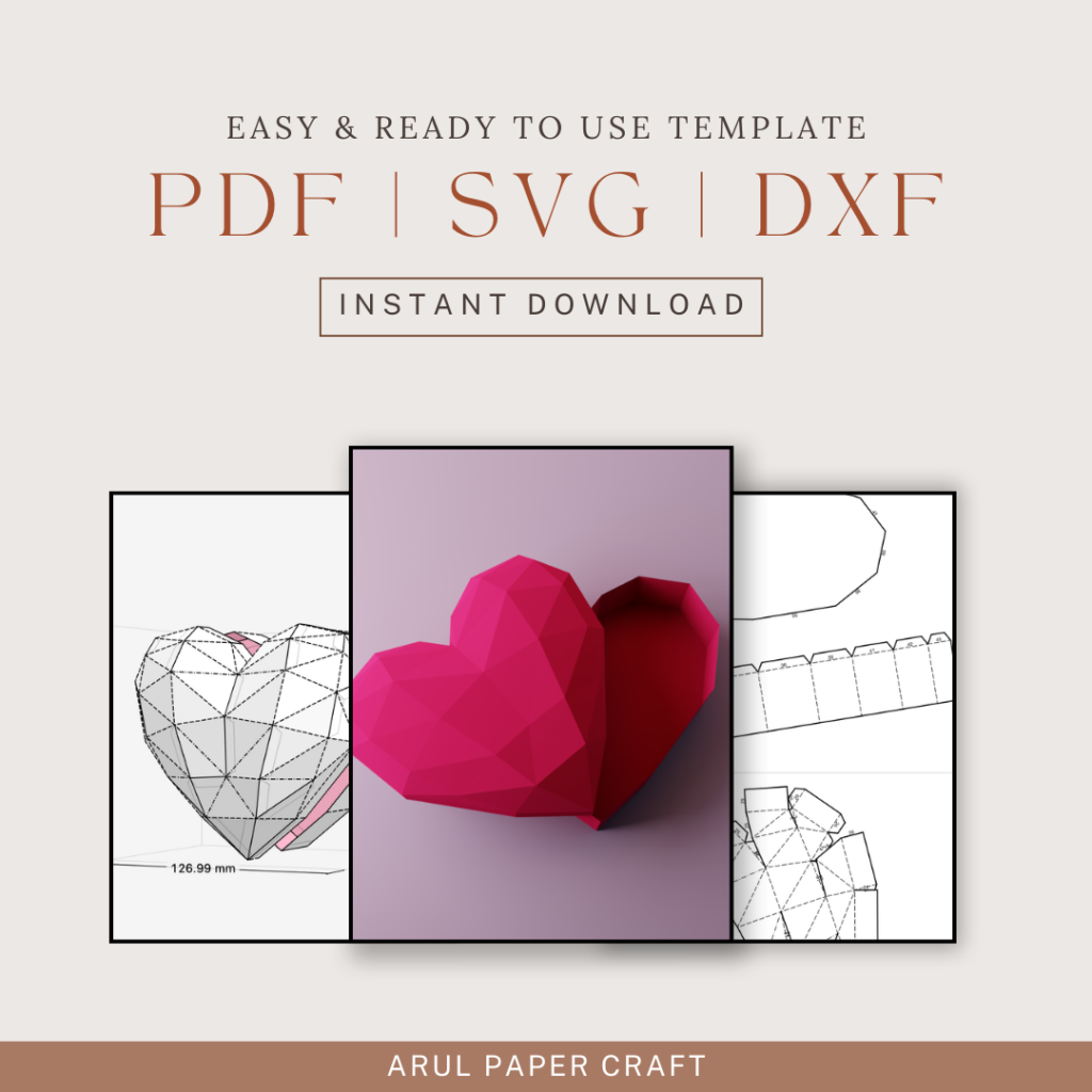 3D Heart Lowpoly papercraft Gift Box pdf, svg & dxf Digital Template ...